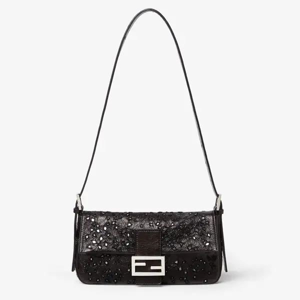 Fendi Baguette® 26424 Crackled Black Leather Bag With Wedge-shaped Mirrors